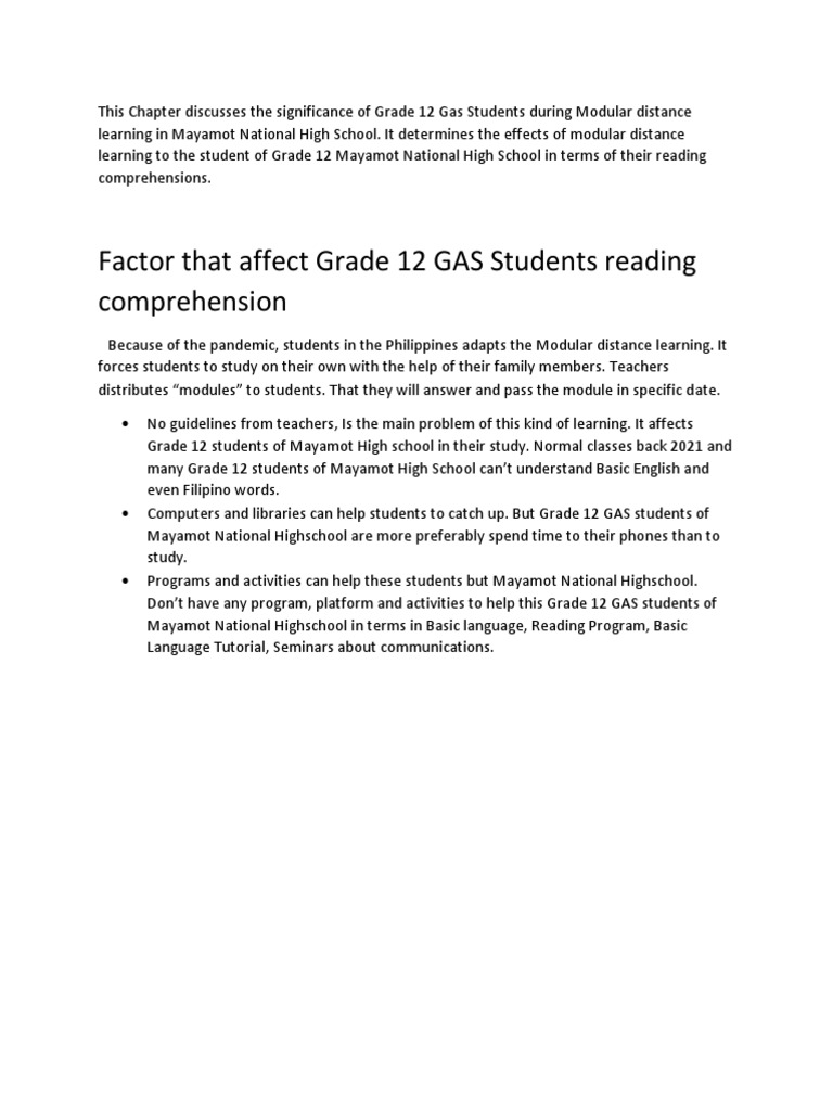 This Chapter Discusses The Significance of Grade 12 Gas Students During ...