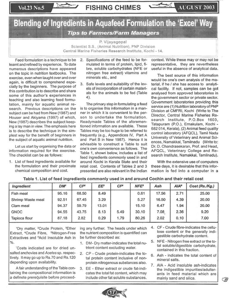 Blending of Ingredients in Aquafeed Formulation The 'Excel' Way | PDF ...