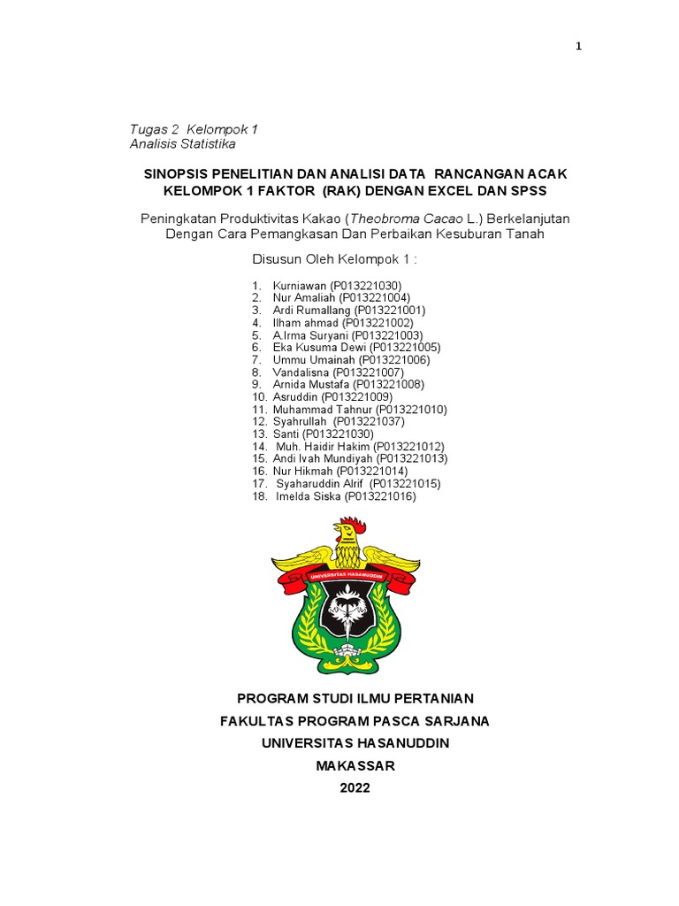 TUGAS 2. KELOMPOK 1. (Sinopsis Penelitian Dan RAK 1 Faktor | PDF