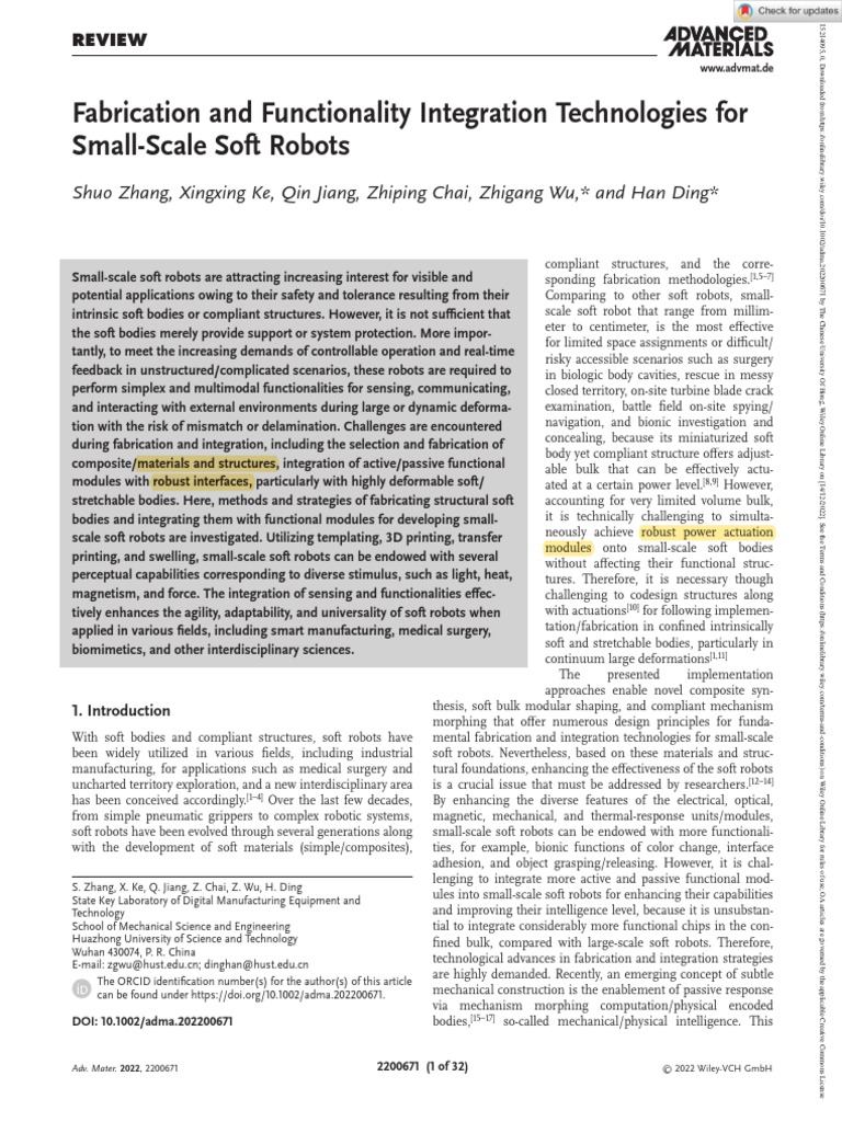 Fabrication and Functionality Integration Technologies For Small Scale Soft Robots | PDF | 3 D ...