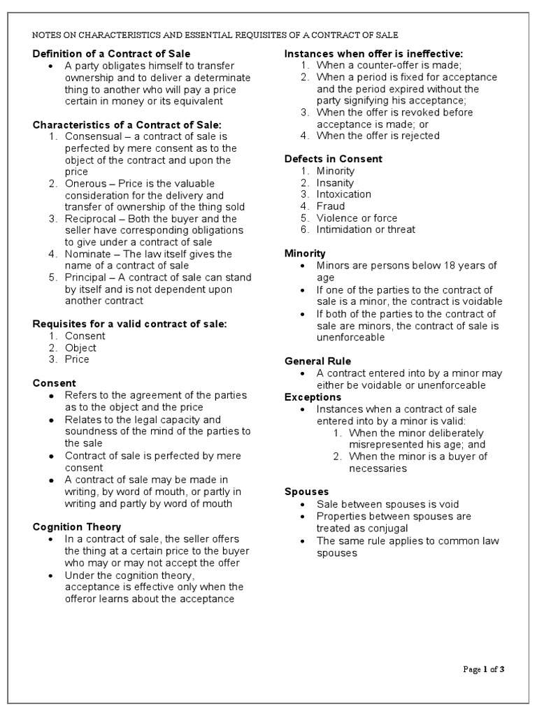 Notes On Characteristics and Requisites of A Contract of Sale | PDF ...