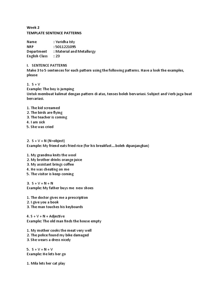 Week 2 Template Sentence Patterns | PDF