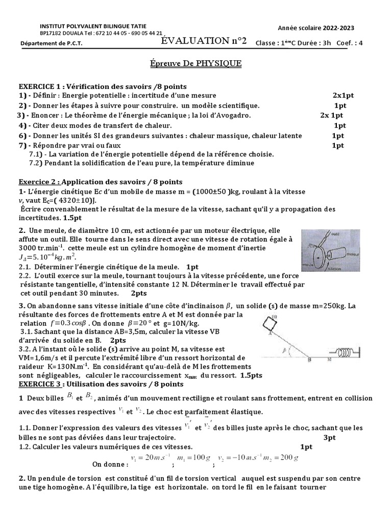 Évaluation Physique 1èreC | PDF | Masse | Vitesse