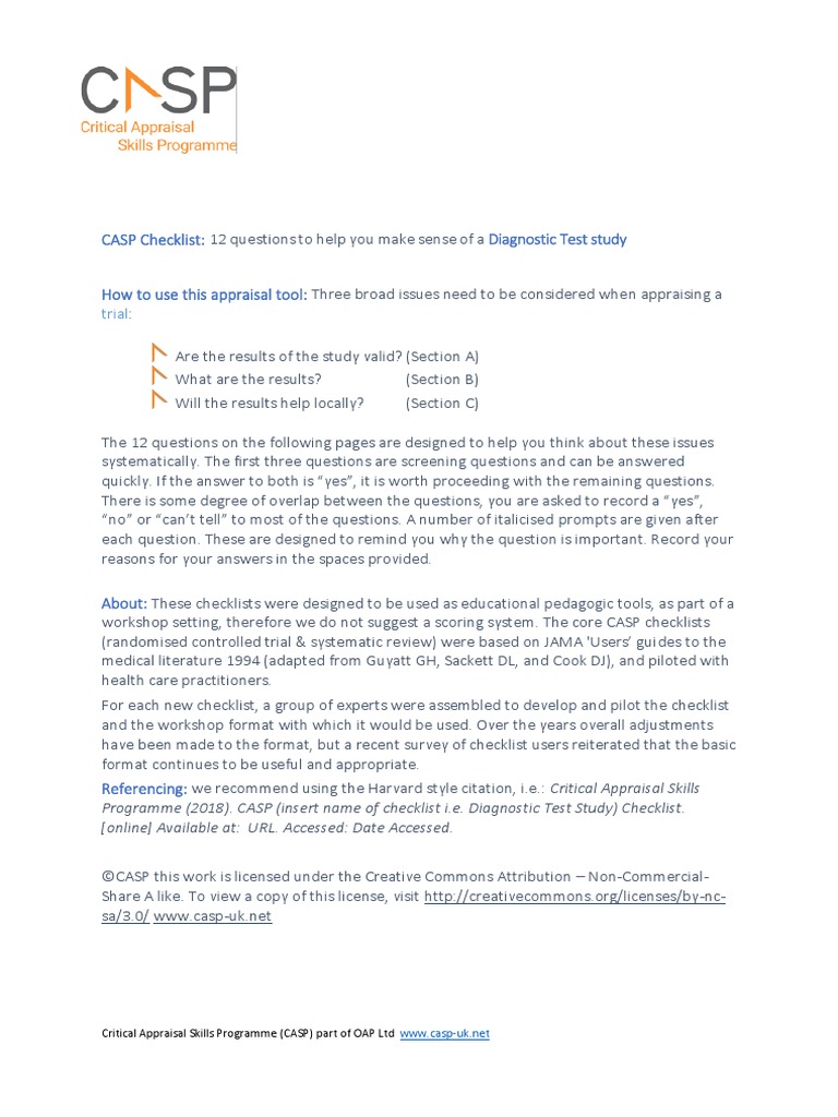 CASP Diagnostic Checklist 2018 - Fillable - Form | PDF | Intention | Risk
