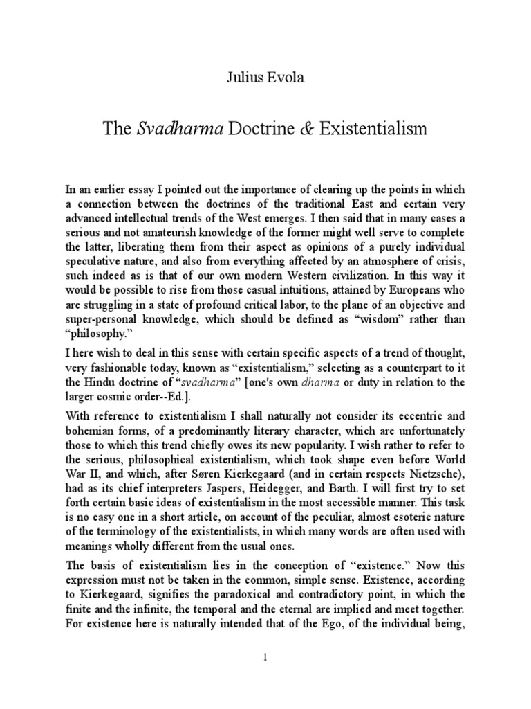 Julius Evola - The Svadharma Doctrine & Existentialism | PDF ...