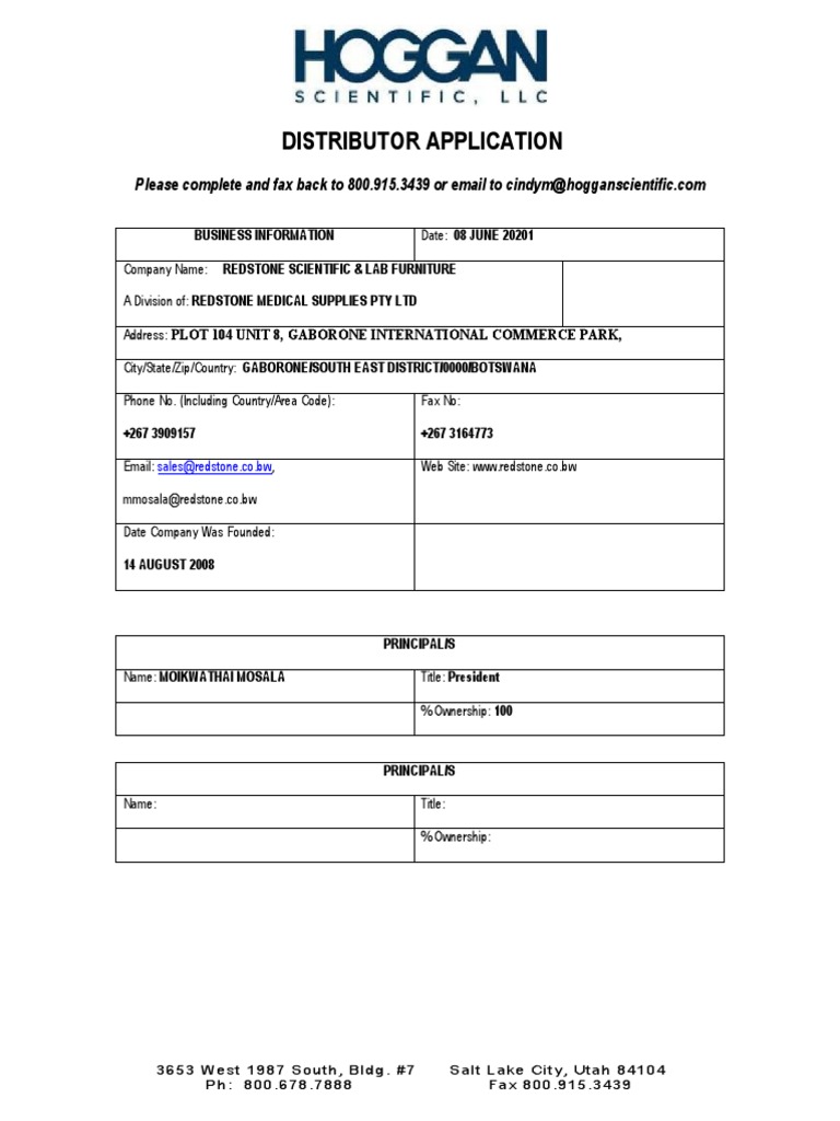 HOGGAN Scientific Distributor Application | PDF