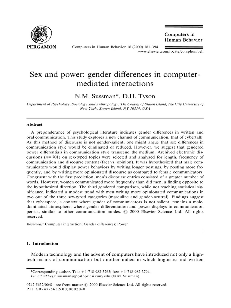 Sex And Power Gender Differences In Computer Medi 2000 Computers In