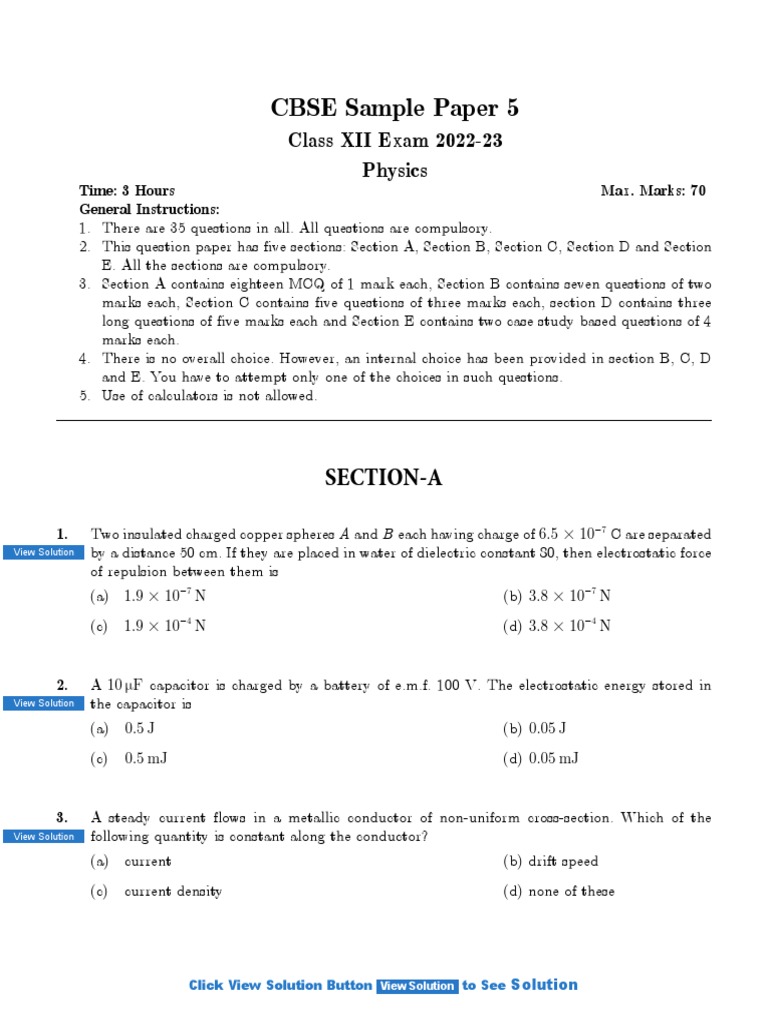 CBSE Class 12 Physics Sample Paper 5 | PDF | Photoelectric Effect ...