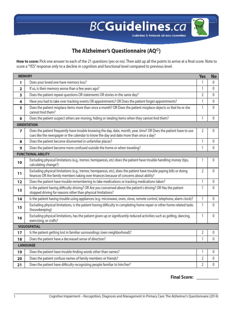 Cogimp Alzheimer Questionnaire | PDF | Alzheimer's Disease | Dementia
