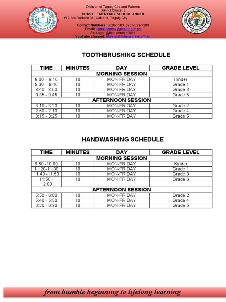 Sample Handwashing-Tooth Brushing Schedule | PDF Sample Handwashing-Tooth Brushing Schedule | PDF