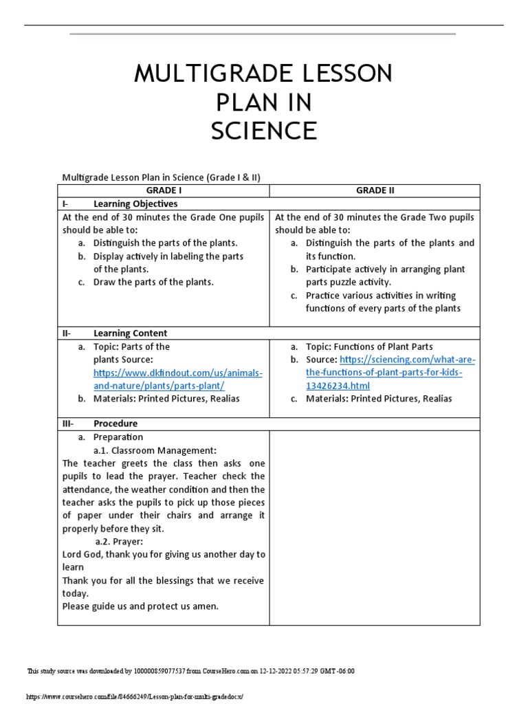 Multigrade Science Lesson Plan: Plants | PDF | Flowers | Teachers