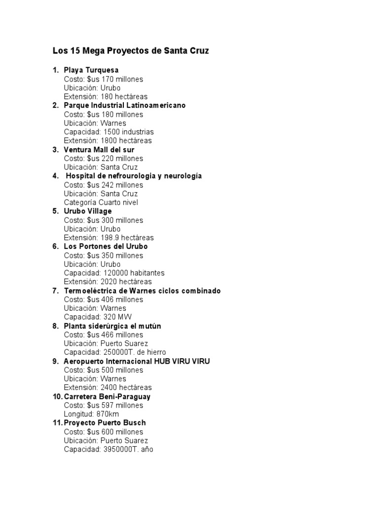 Los 15 Mega Proyectos de Santa Cruz | PDF