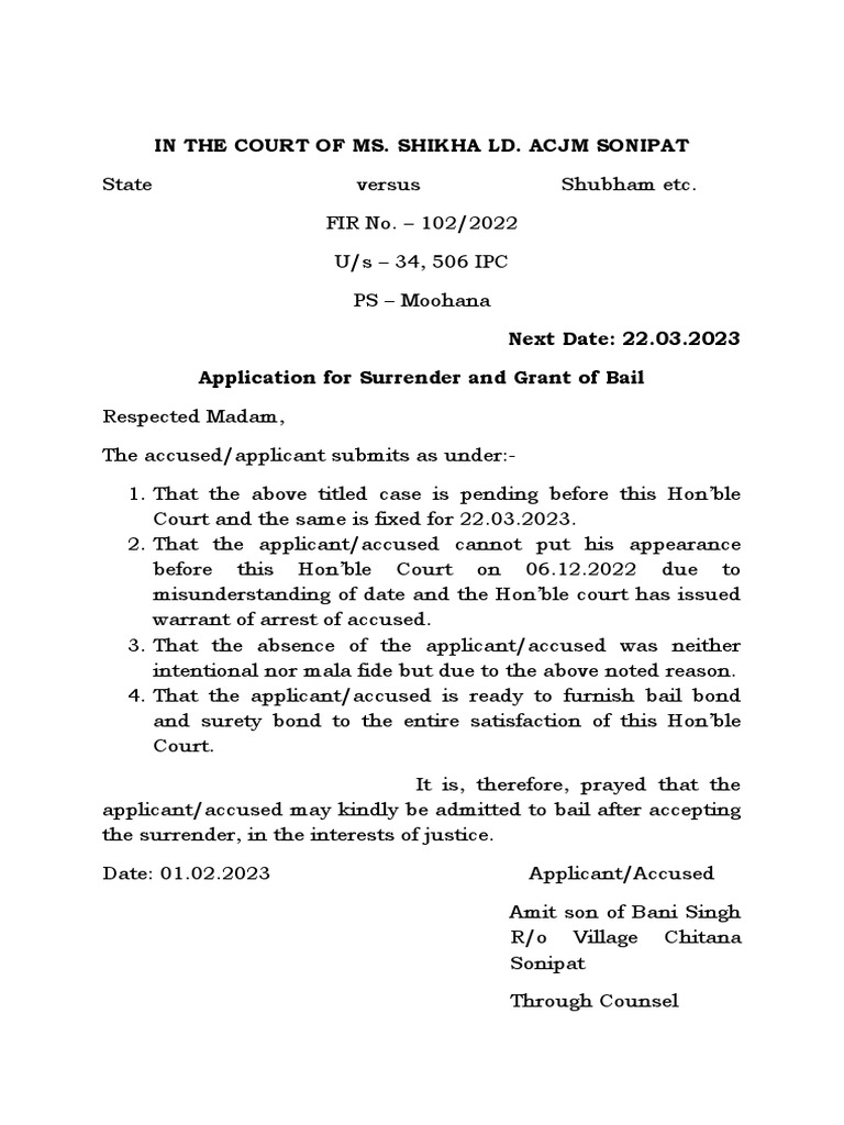Surrender and Bail Application Format | PDF | Law