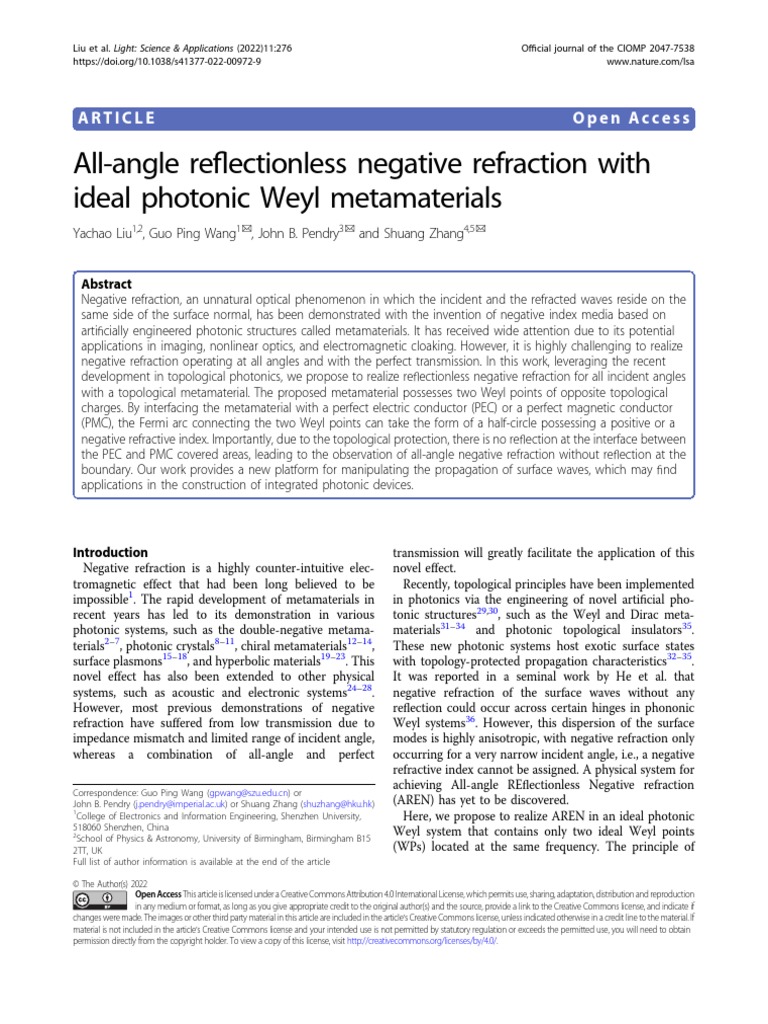 All-Angle Re Ectionless Negative Refraction With Ideal Photonic Weyl ...