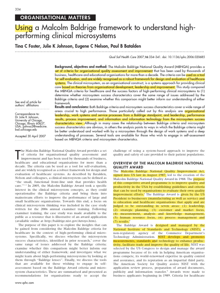 Baldrige Framework in Clinical Microsystems | PDF | Health Care ...