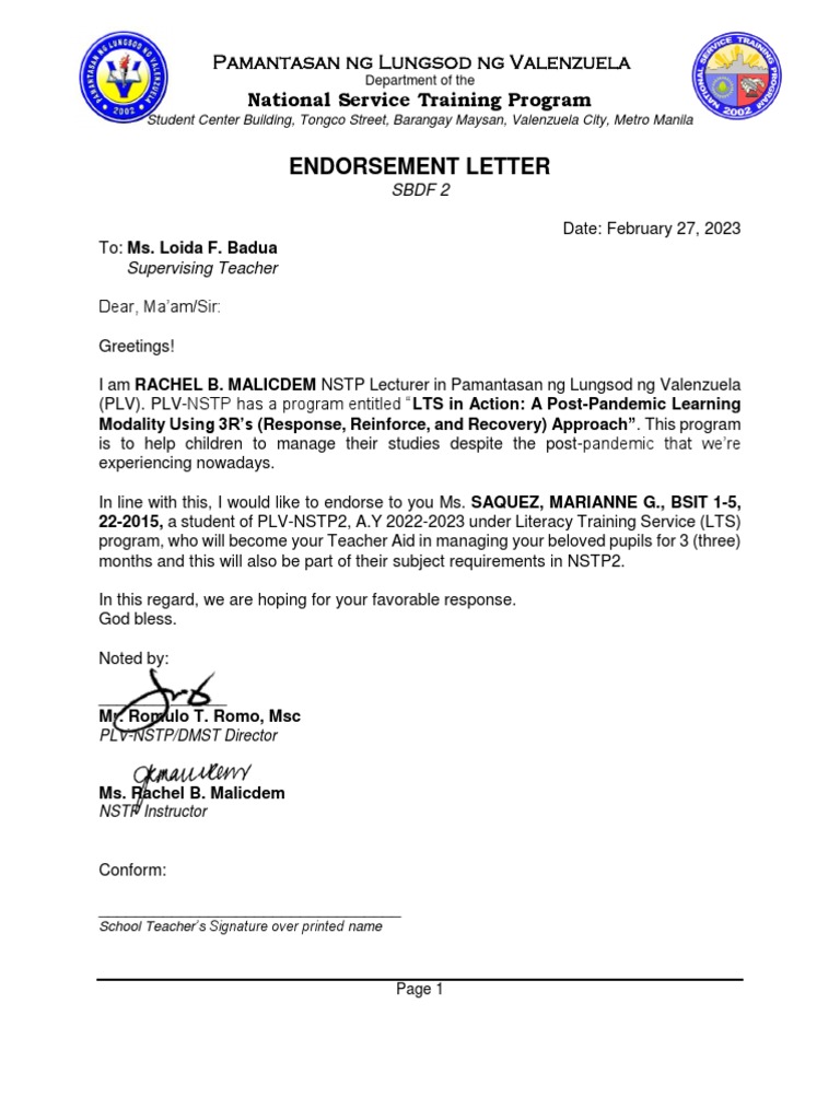 Endorsement Letters for the "LTS in Action | PDF