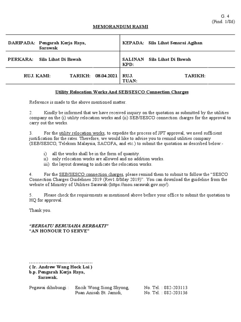 Utility Relocation & SEB Charges Memo | PDF | Malaysia | Sarawak
