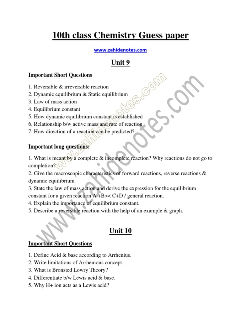 10th Class Chemistry Guess Paper English Medium New | PDF | Acid | Alkene
