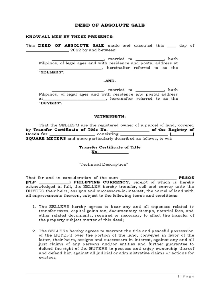 Deed of Absolute Sale Template | PDF | Title (Property) | Deed