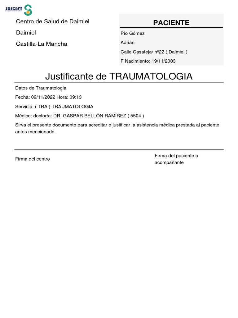 Justificante de TRAUMATOLOGIA: Paciente | PDF