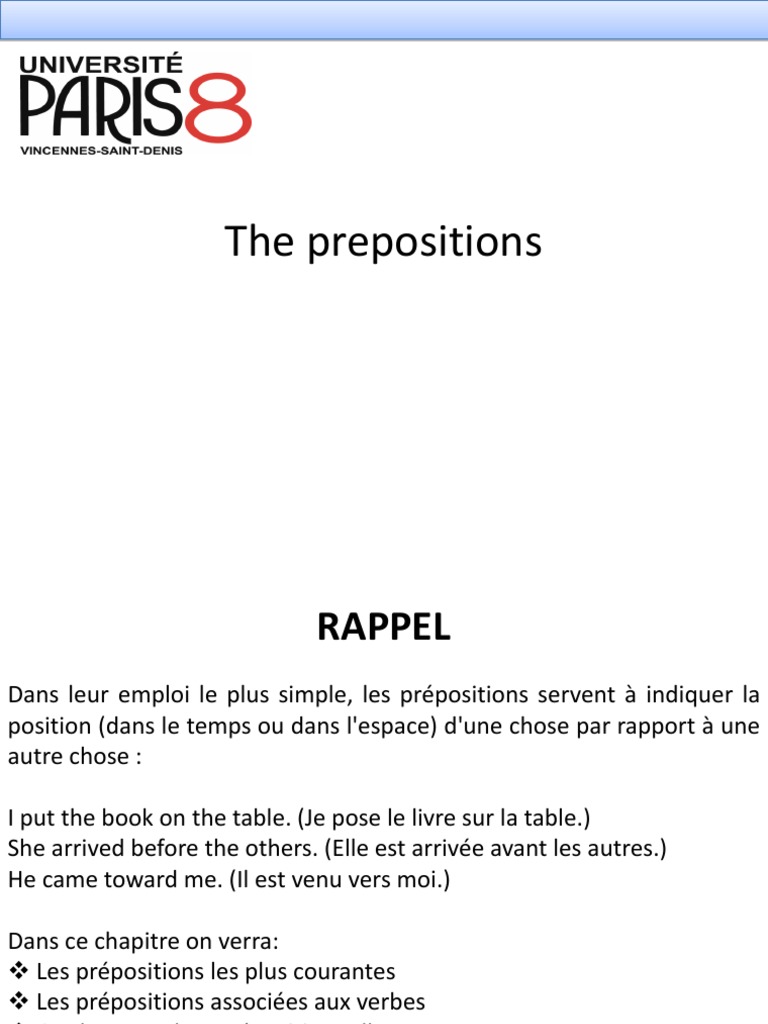 Les prépositions en français | PDF | Adposition | Grammaire