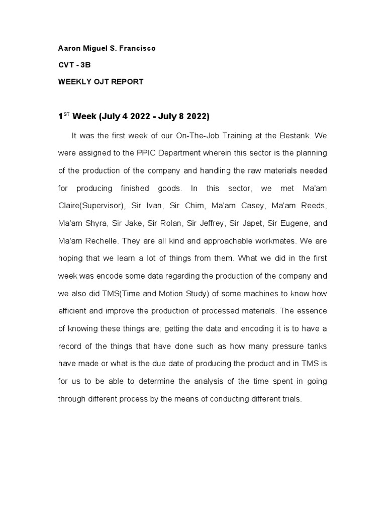 Weekly OJT Report: Bestank Experience | PDF
