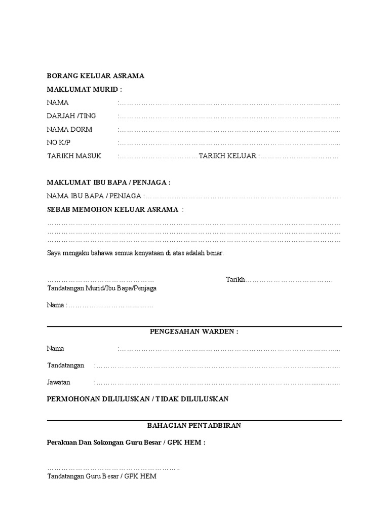 BORANG KELUAR ASRAMA 2021 TERbaru | PDF