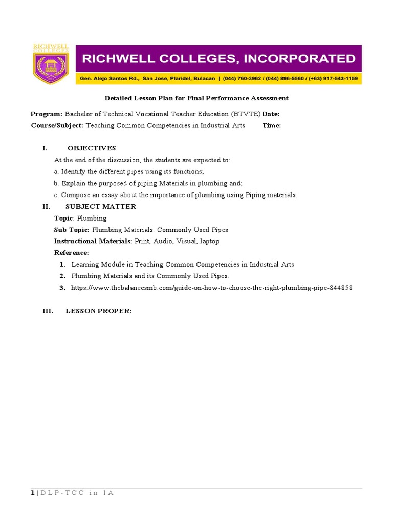 Plumbing Lesson Plan for BTVTE | PDF | Plumbing | Pipe (Fluid Conveyance)