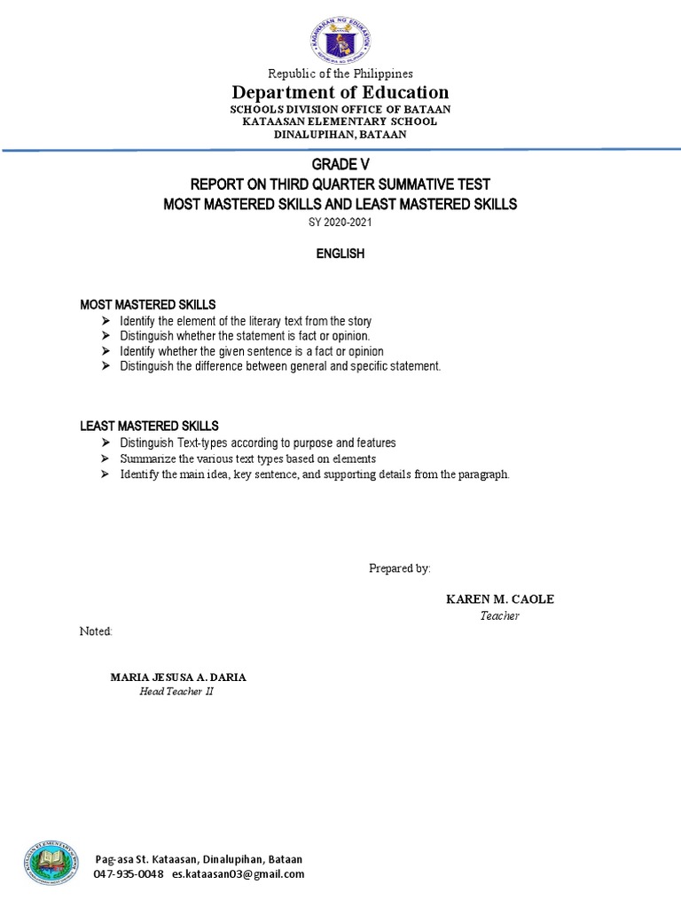 3rd QUARTER ALL SUBJECTS - MOST AND LEAST MASTERED SKILLS Grade V Caole ...