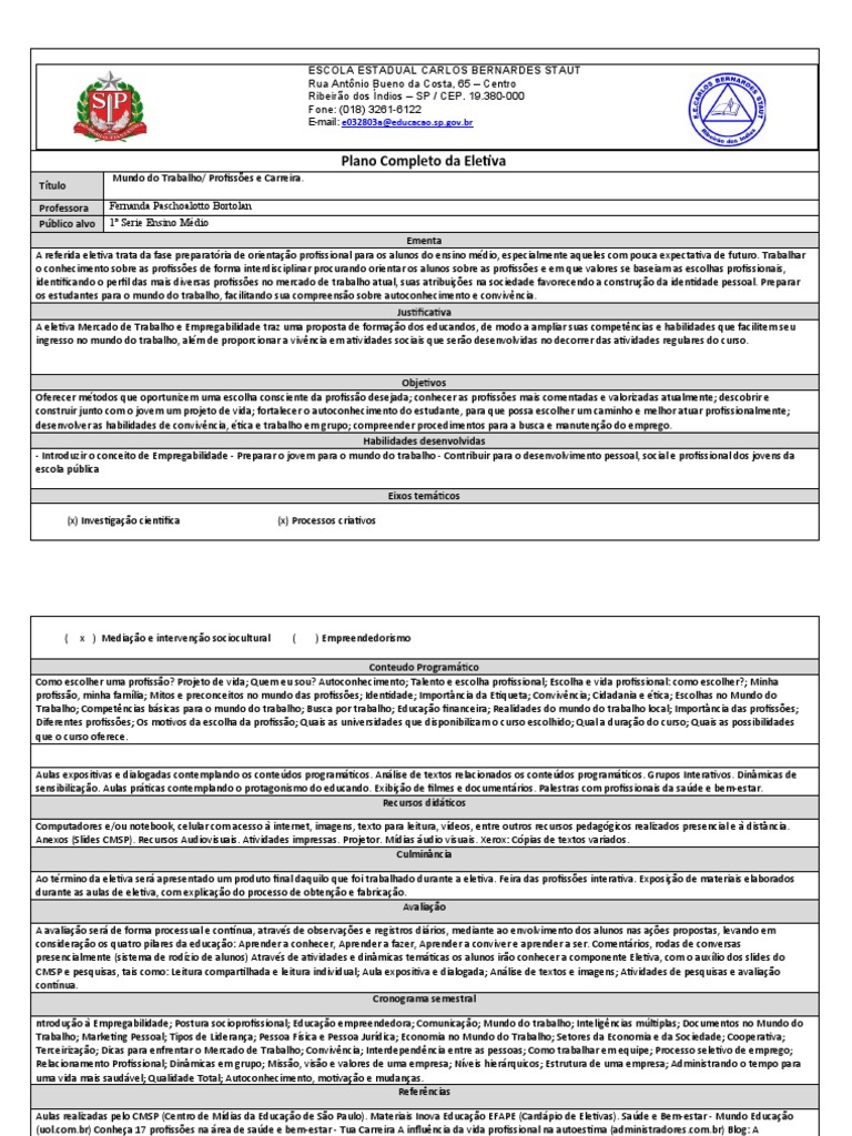 Plano de curso da eletiva Mundo do Trabalho/Profissões e Carreira para o 1o ano do Ensino Médio ...
