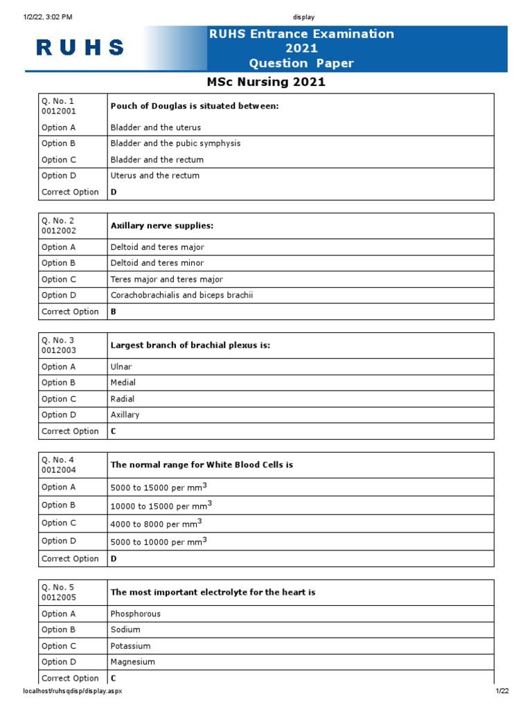 MSc Nursing 2021 Entrance Examination Question Paper | PDF | Placenta ...