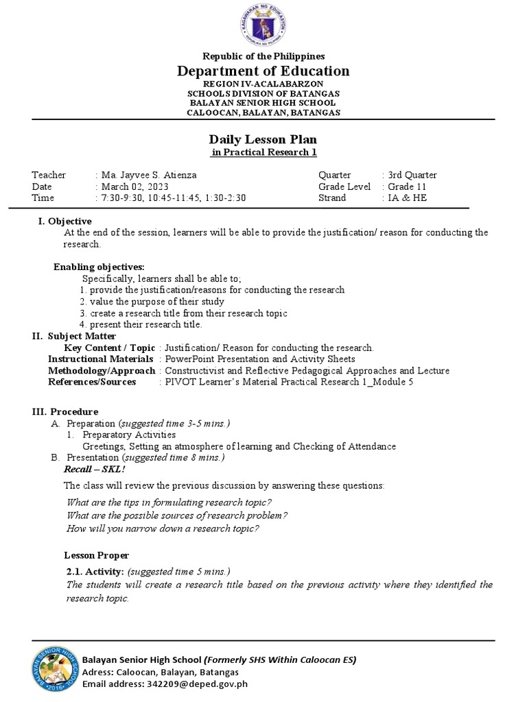 PR1 Justification | PDF | Lesson Plan | Cognition