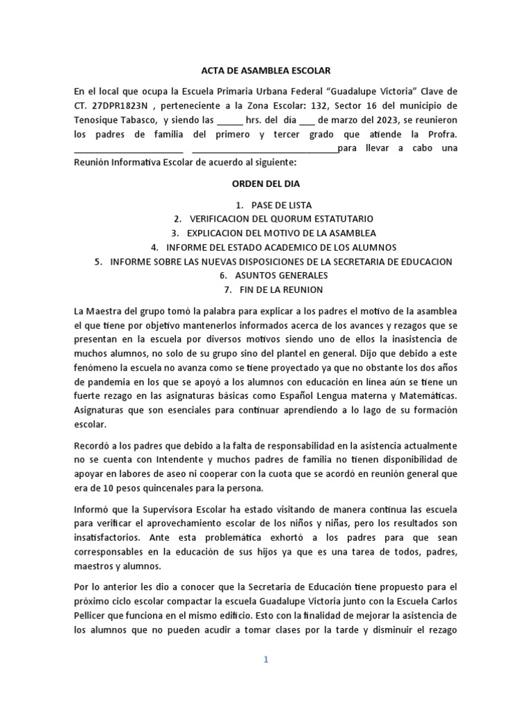 ACTA DE ASAMBLEA ESCOLAR | PDF