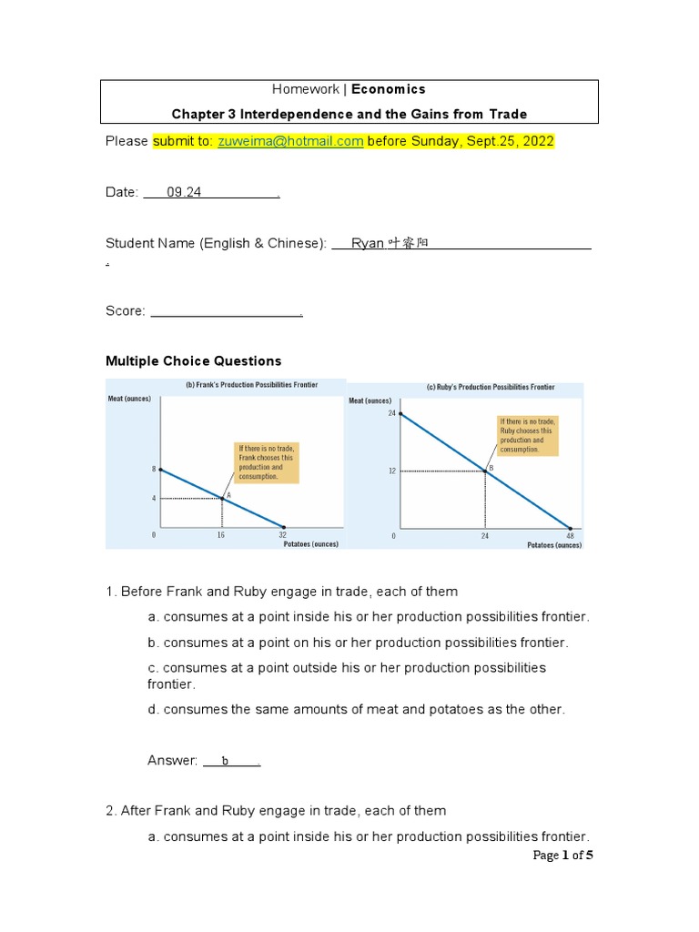 Homework Economics Chapter 3 Interdependence and The Gains From Trade ...