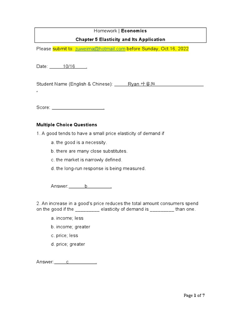 Homework Economics Chapter 5 Elasticity and Its Application Oct 12 2022 Ver 101 | PDF ...