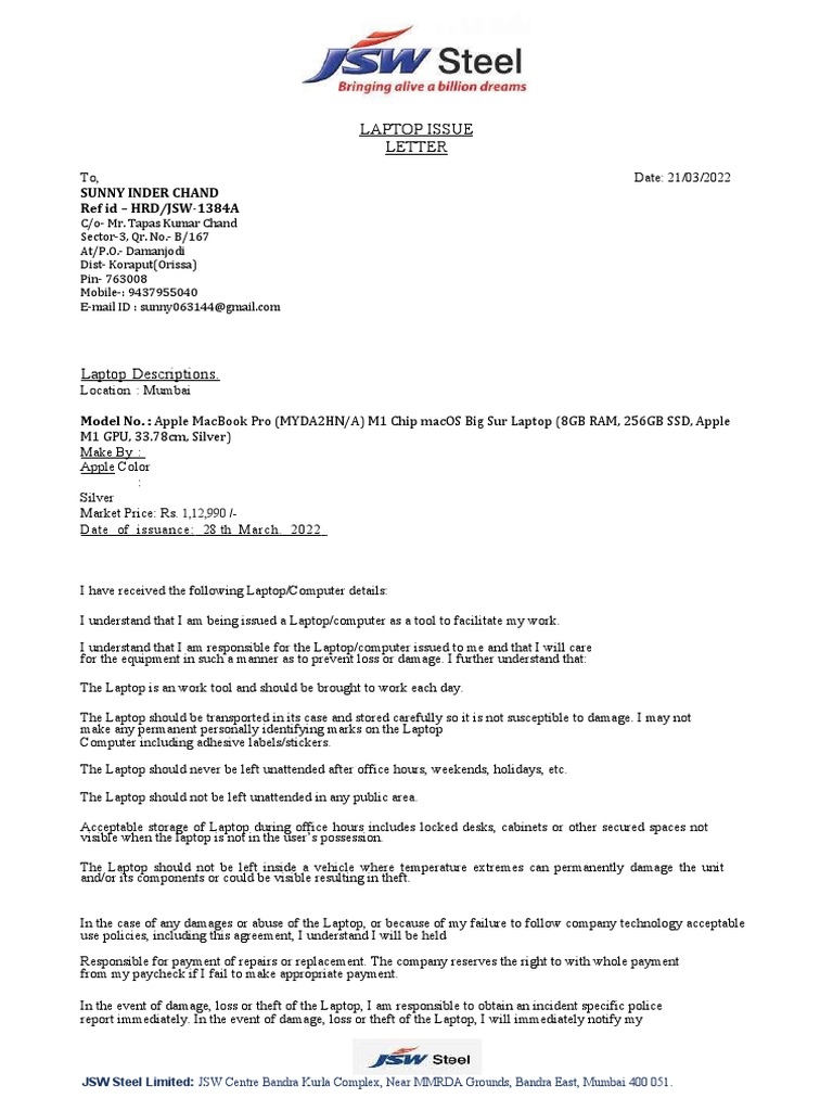 Sunny Inder Chand Laptop Letter | PDF | Laptop | Computing