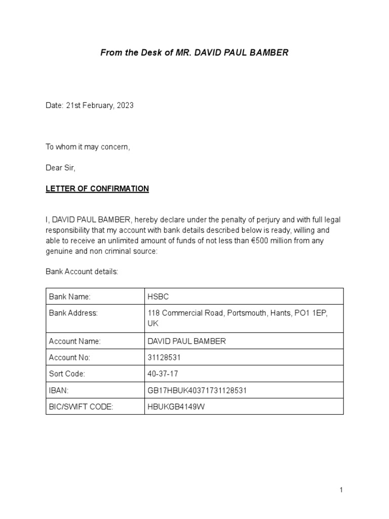 Letter of Confirmation David Paul Bamber | PDF