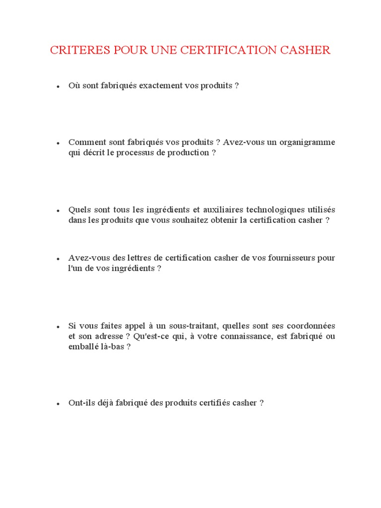 Critères de Certification Casher | PDF