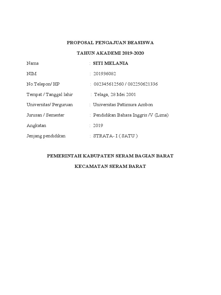 Contoh Proposal Pengajuan Beasiswa Pemda | PDF | Ilmu Sosial