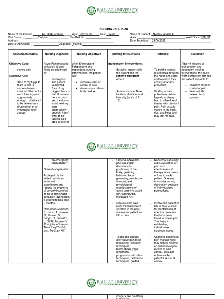 CAREPLAN For Sickle Cell Anemia | PDF | Pain | Pain Management