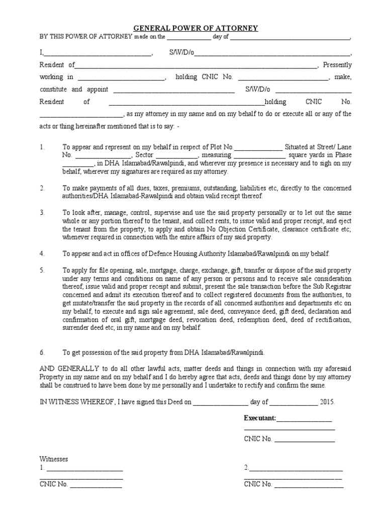 General Power of Attorney Specimen | PDF | Deed | Law And Economics
