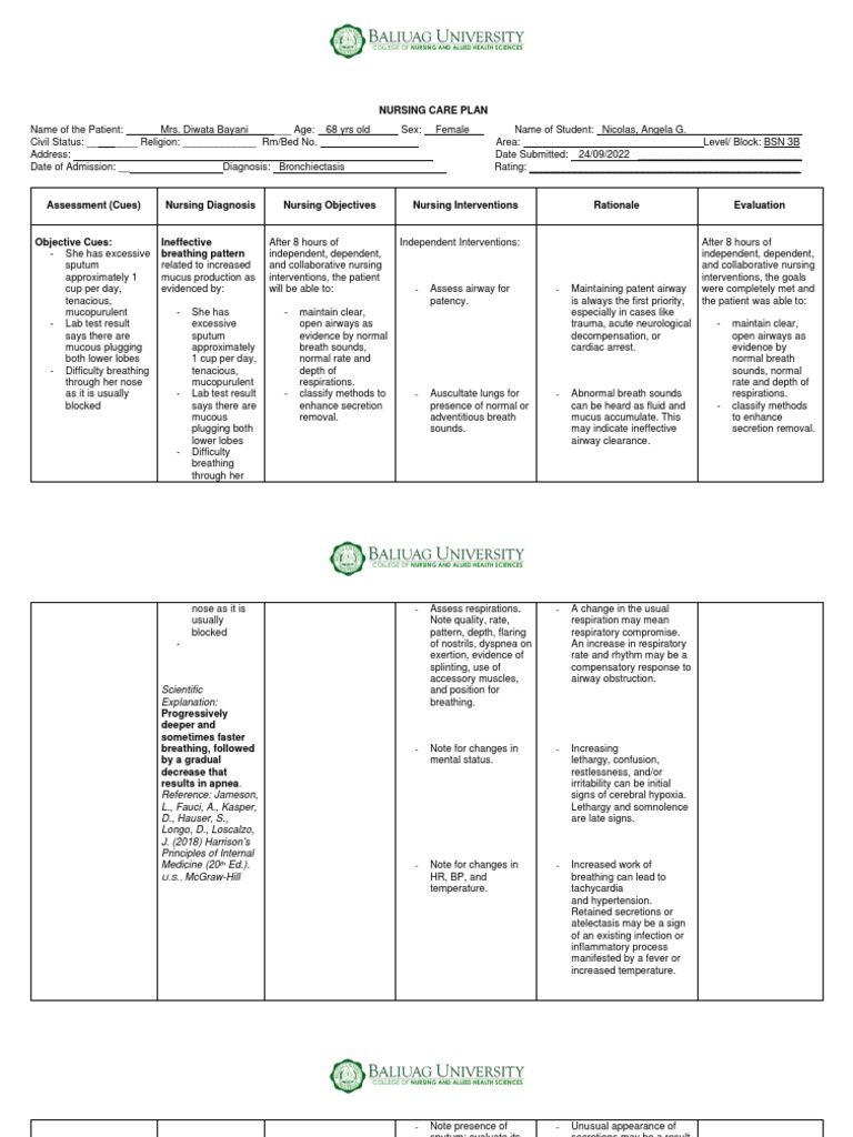 CARE PLAN For BRONCHIECTASIS | PDF | Breathing | Nursing