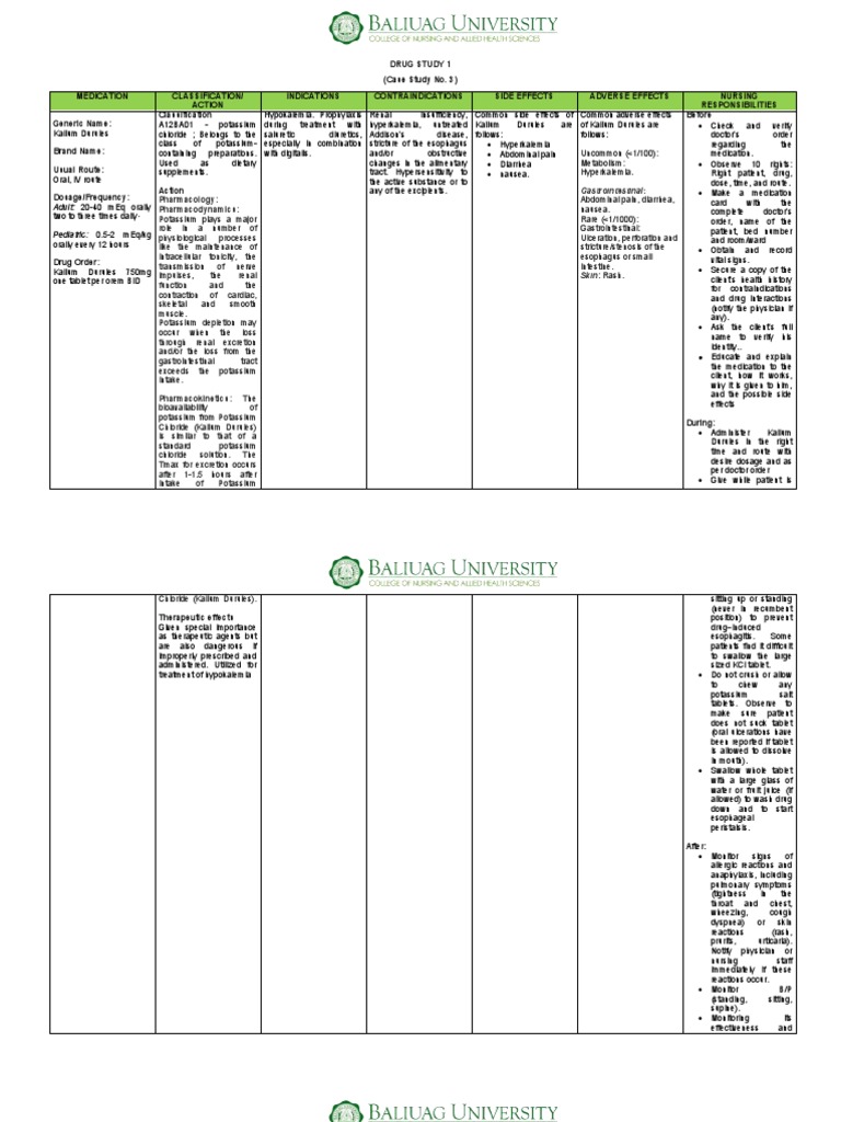 DRUG STUDY FOR HYPOKALEMIA Case Study 3 | PDF | Pharmacology | Causes ...