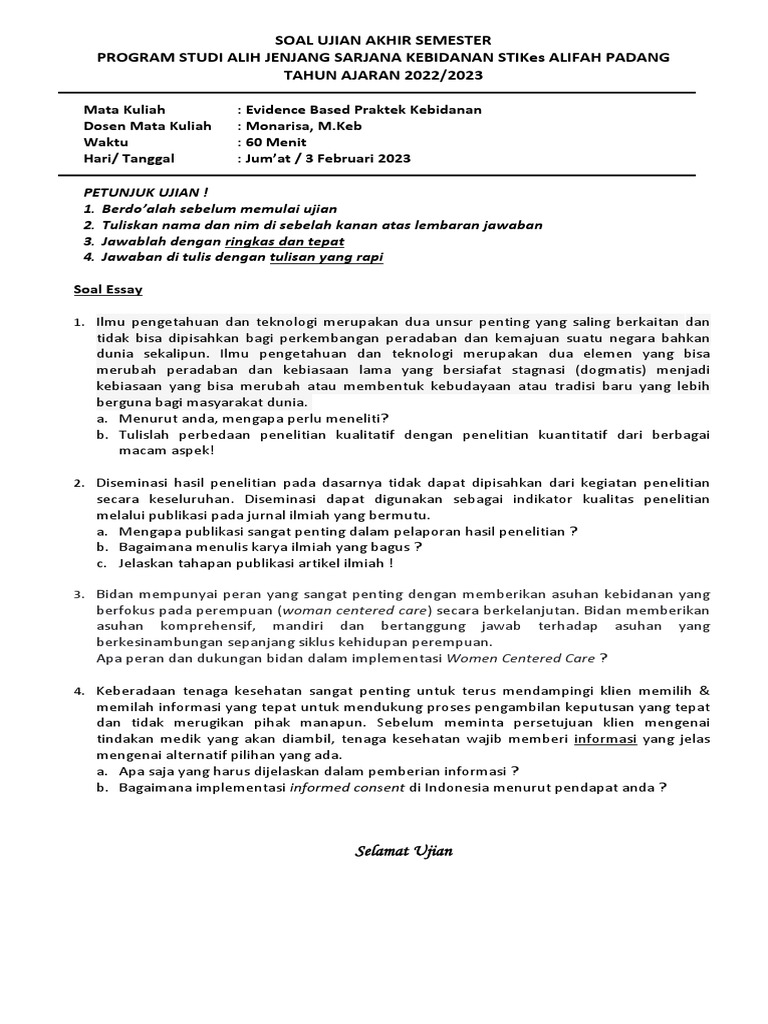 Soal Uas Evidance Based Alih Jenjang | PDF