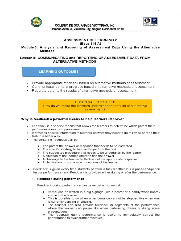 Lesson 8 Communicating and Reporting of Assessment Data | PDF ...