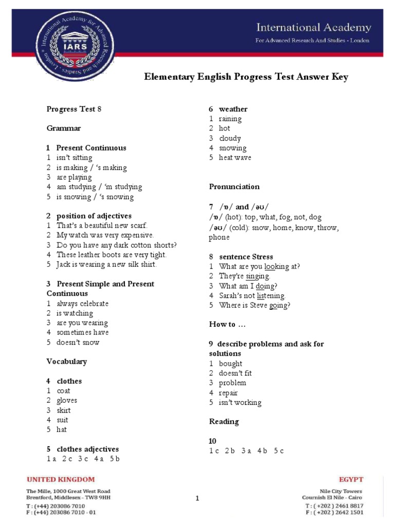 Elementary English Progress Test 8 - Answer Key | PDF