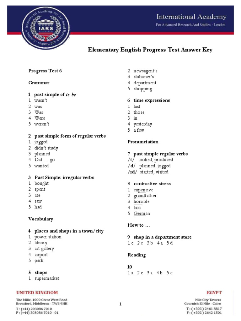Elementary English Progress Test 6 - Answer Key | PDF