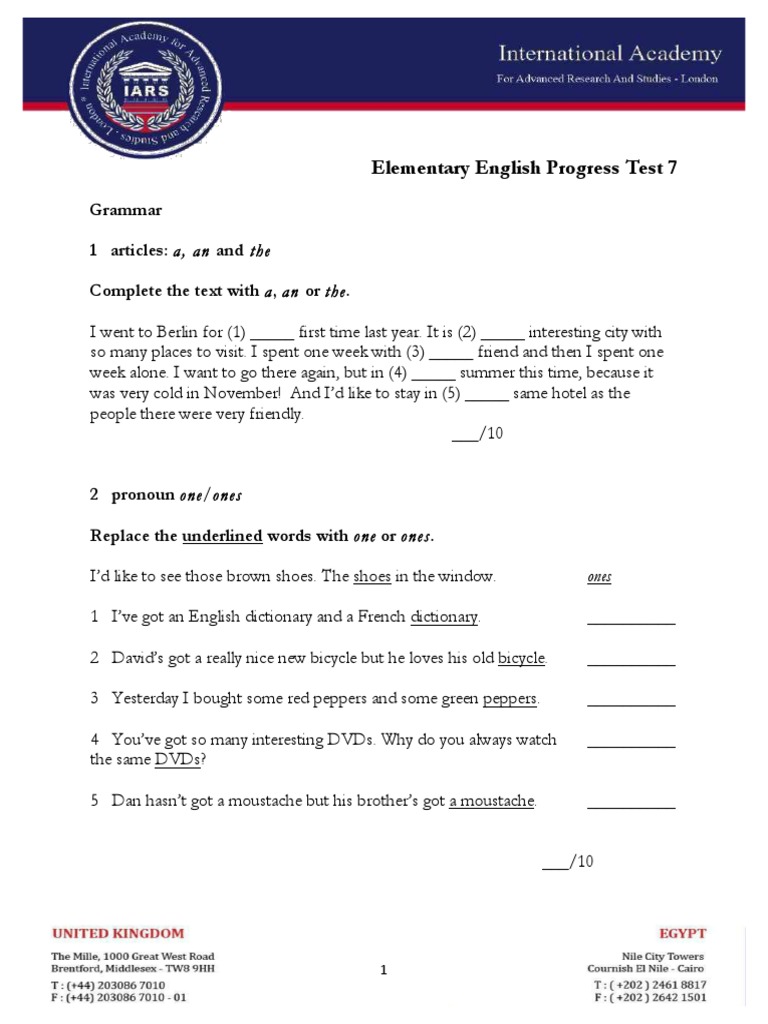 Elementary English Progress Test 7 | PDF | English Language | Pronoun