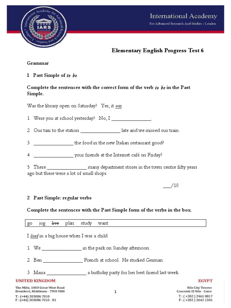 Elementary English Progress Test 6 | PDF