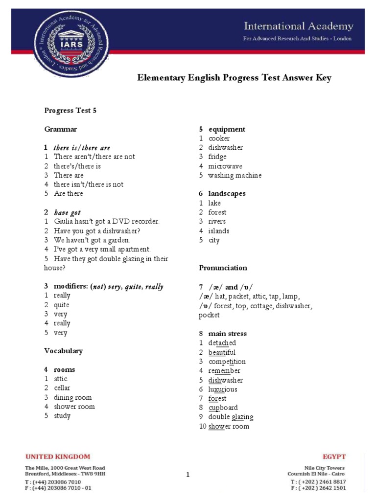 Elementary English Progress Test 5 - Answer Key | PDF